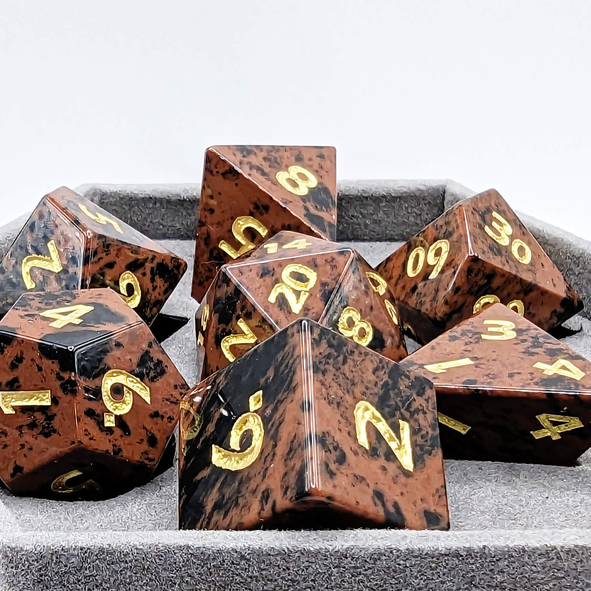 Gemstone Dice (Mahogany Obsidian) | 7pc TTRPG Role Playing Game Dice S – Dark Elf Dice