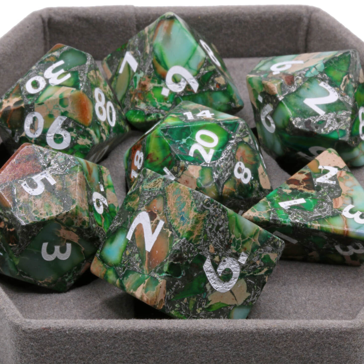 Gemstone Dice (Imperial Jasper, Green) | 7pc TTRPG Role Playing Game D ...