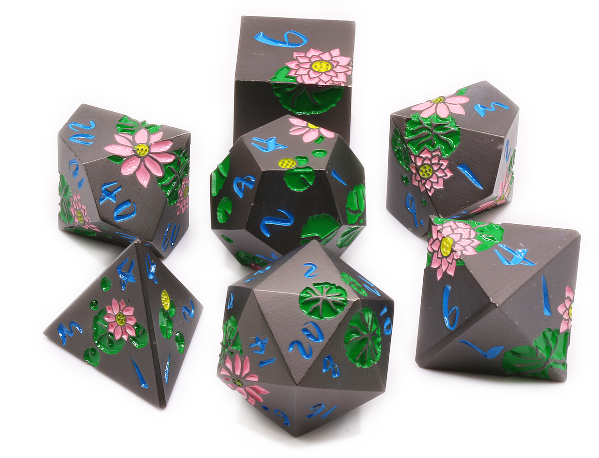 Lotus Garden Flower Dice (Black Nickel And Blue Numbers) | Premium Met ...
