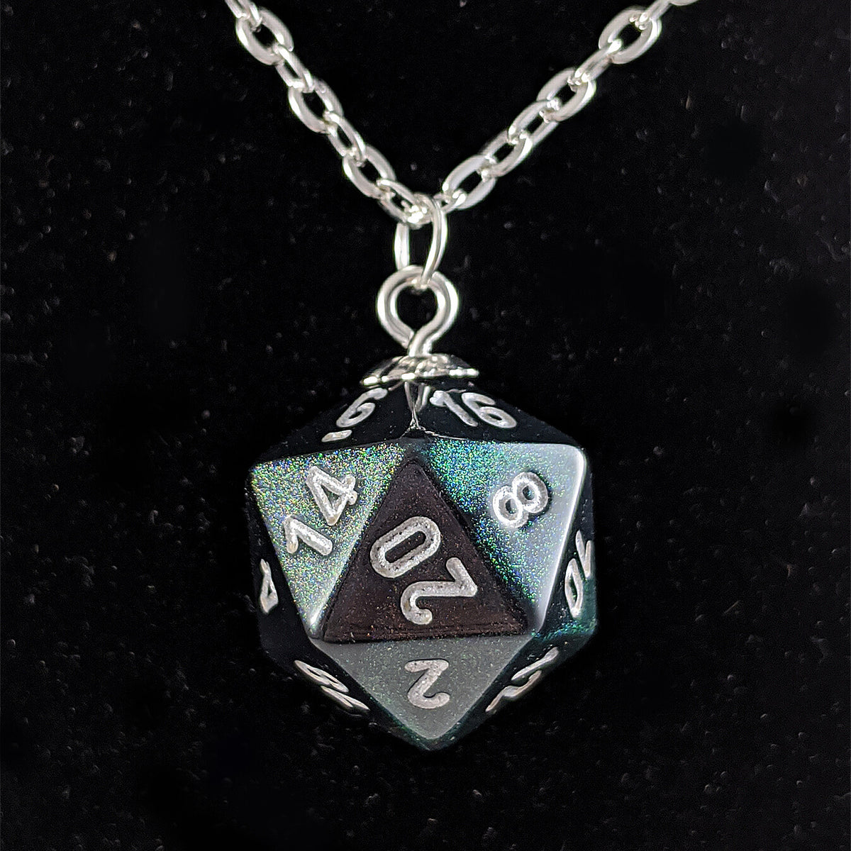 D20 Necklace With Silver Hue Chain (Borealis Smoke Black D20) – Dark ...