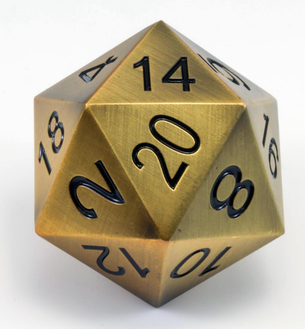 Berserker (Antique Gold) | Giant 35mm Metal D20 – Dark Elf Dice