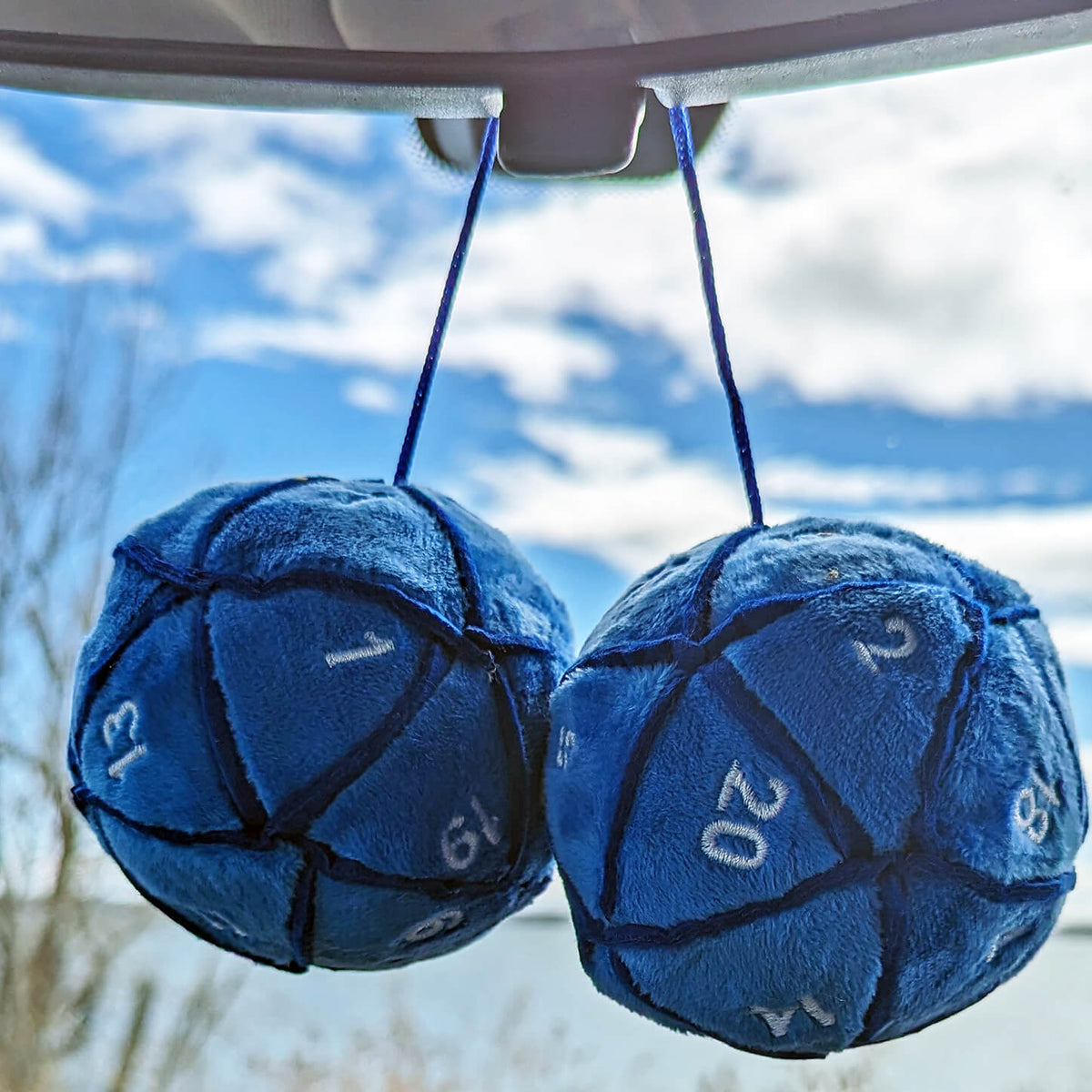 Plush 20-Sided Dice Danglers (Blue) | Fuzzy D20 Car Dice – Dark Elf Dice
