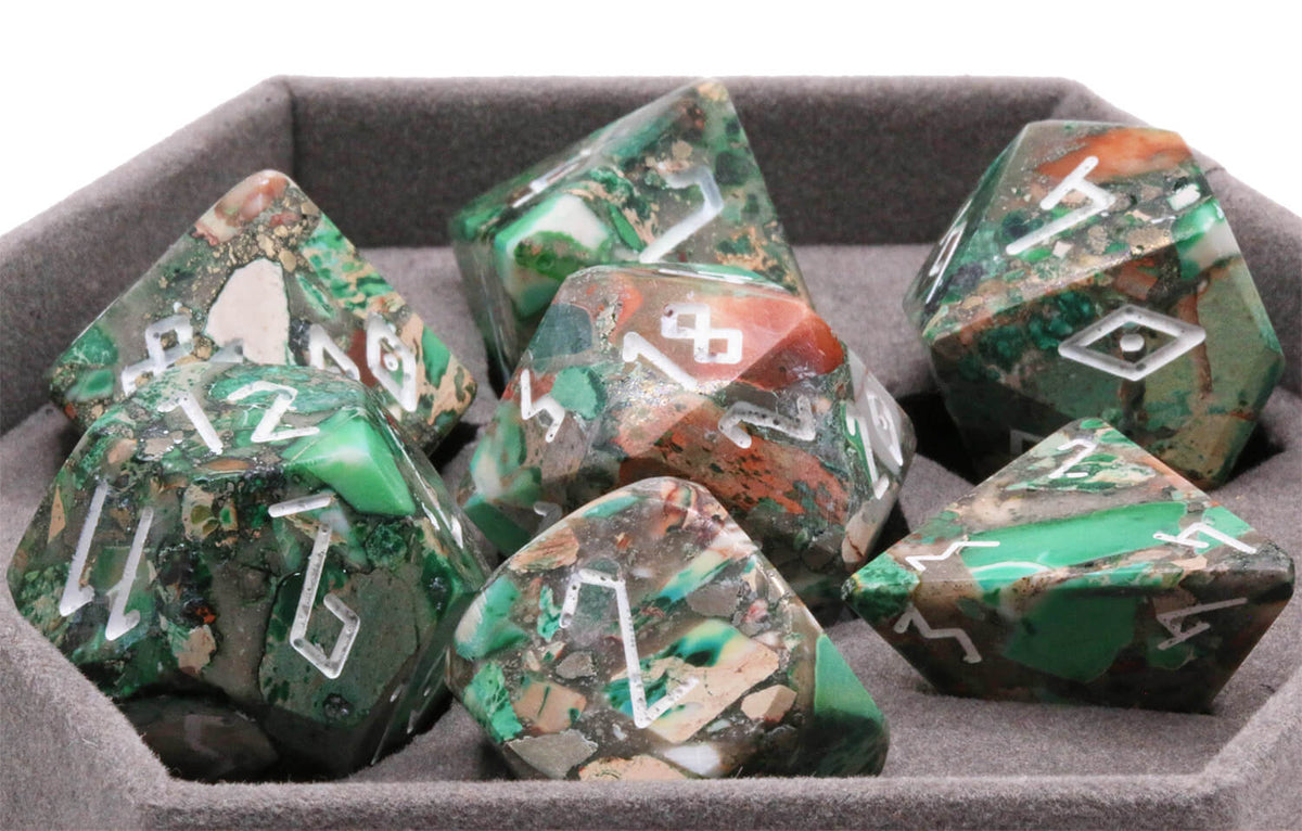 Gemstone Dice (Green Imperial Jasper And Pyrite) | 7pc RPG Role Playin ...