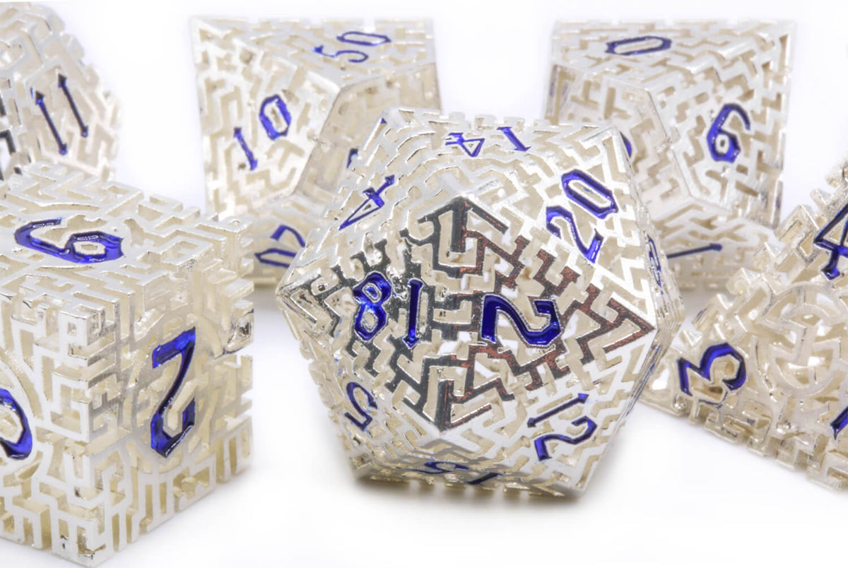Hollow Labyrinth Dice (Bright Silver With Blue) | Metal RPG Role Playi ...