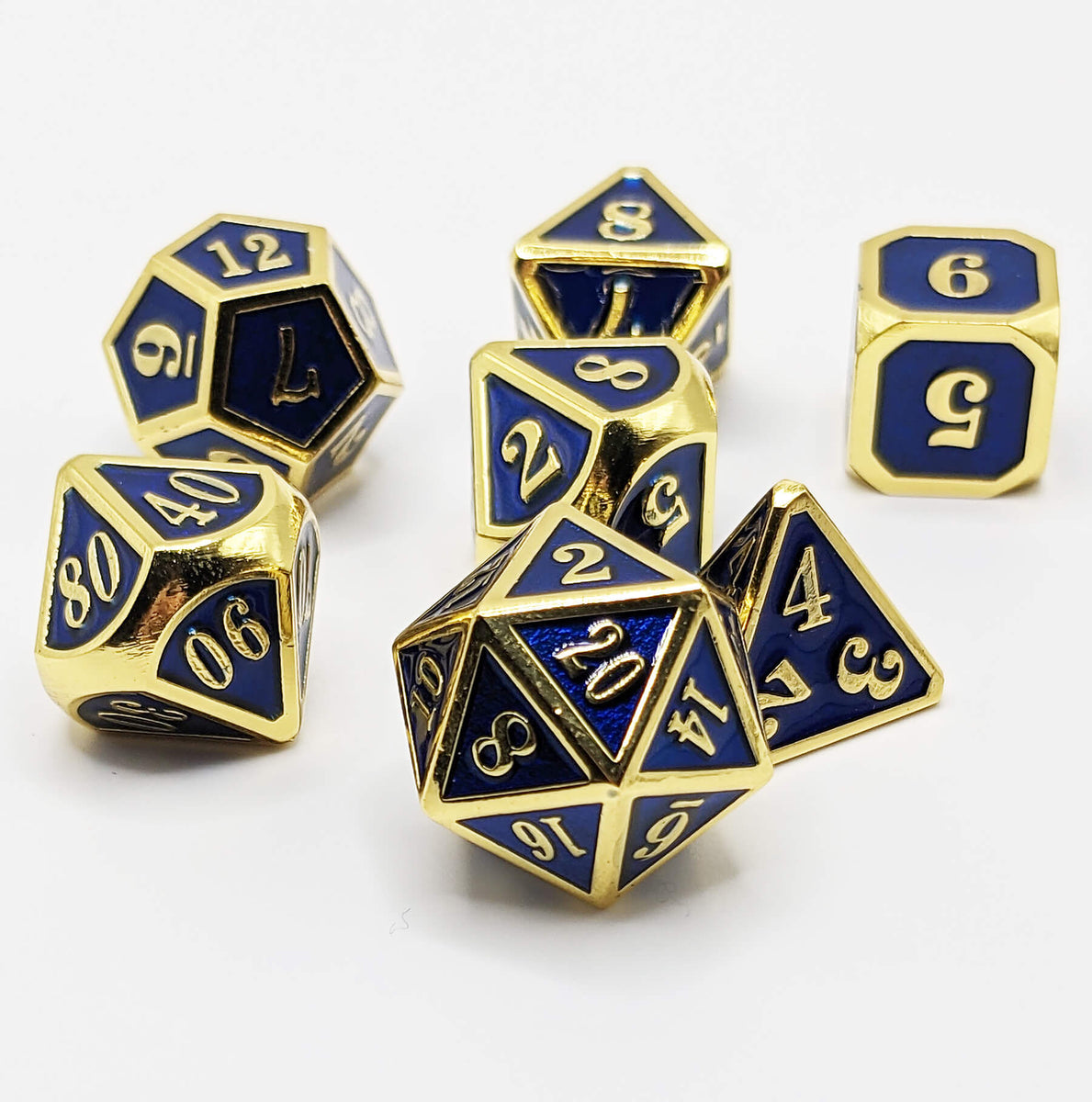 Metal Dice Set (Gold With Dark Blue Fill) | TTRPG Role Playing Game Di ...