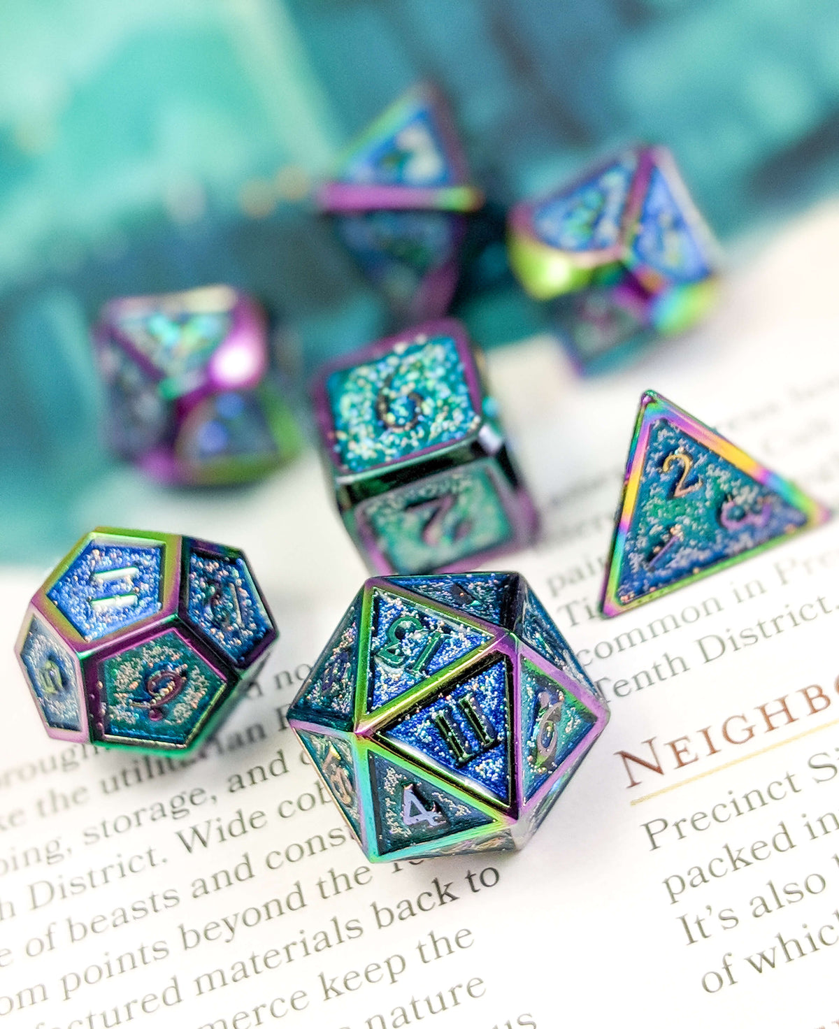 Enamel Dice (Prismatic Rainbow, Teal) | Metal RPG Role Playing Game Di ...