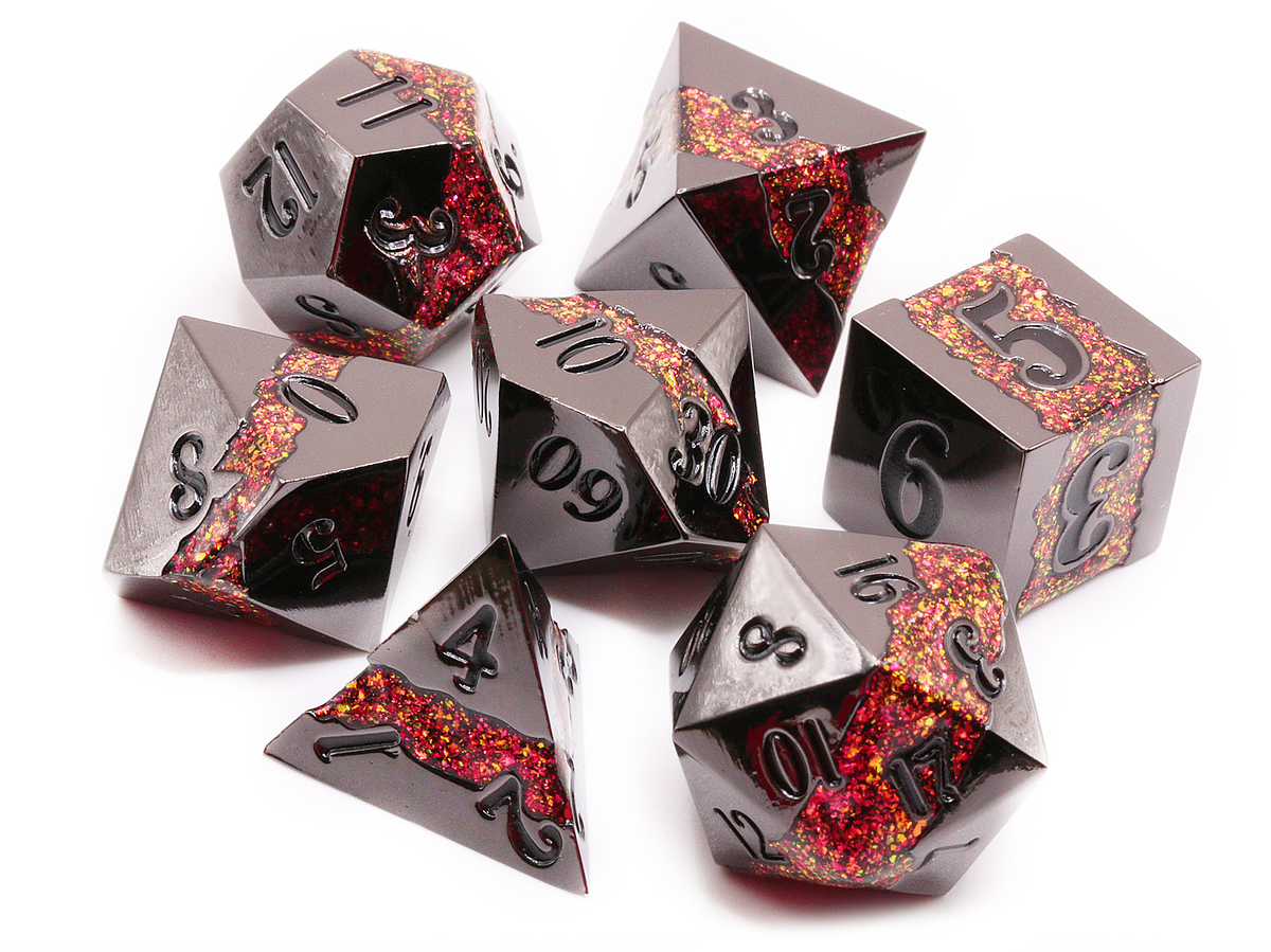 Crucible Dice Set (Black Nickel And Red) | Metal TTRPG Dice – Dark Elf Dice