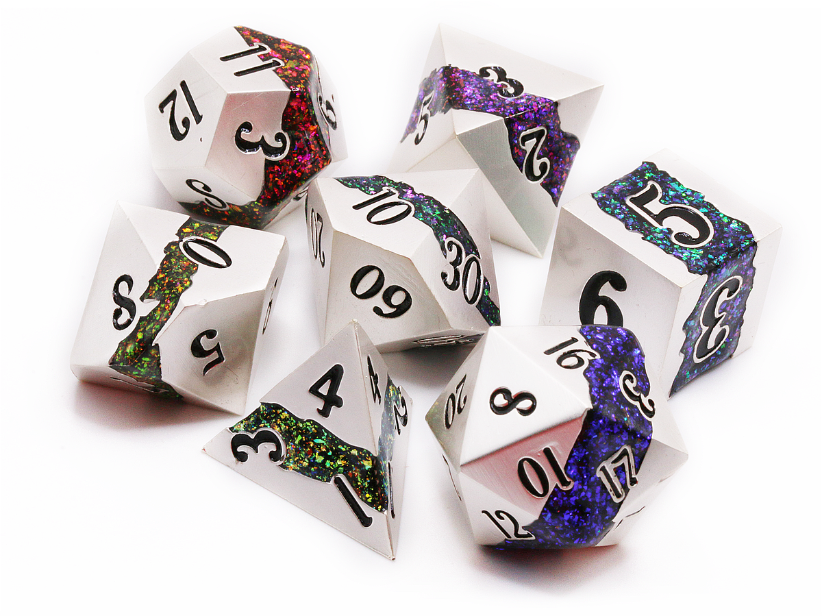 Crucible Dice Set (Brushed Silver And Multi) | Metal TTRPG Dice – Dark ...