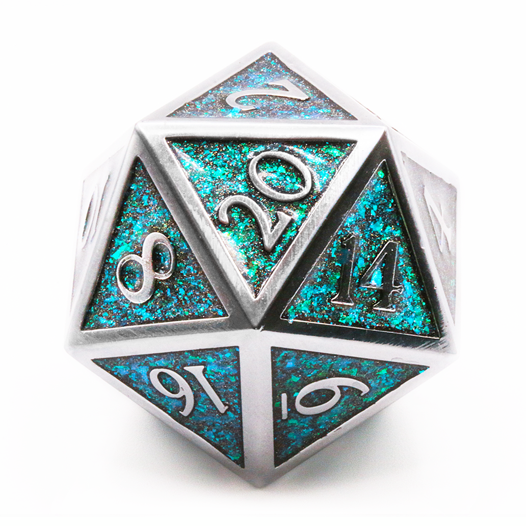 Giant Metal D20 II (Silver Dawn) | 33mm TTRPG Game Die – Dark Elf Dice